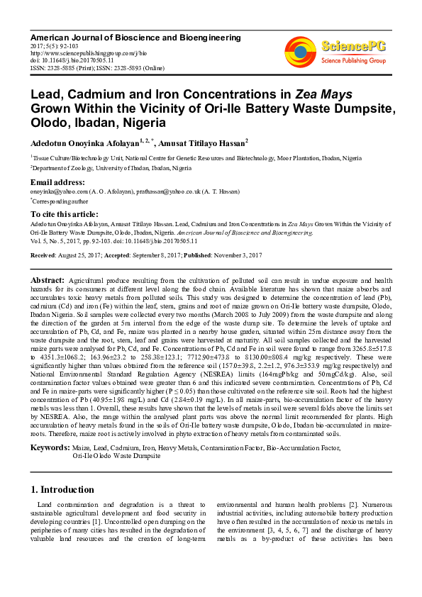 (PDF) Lead, Cadmium and Iron Concentrations in Zea Mays Grown Within ...