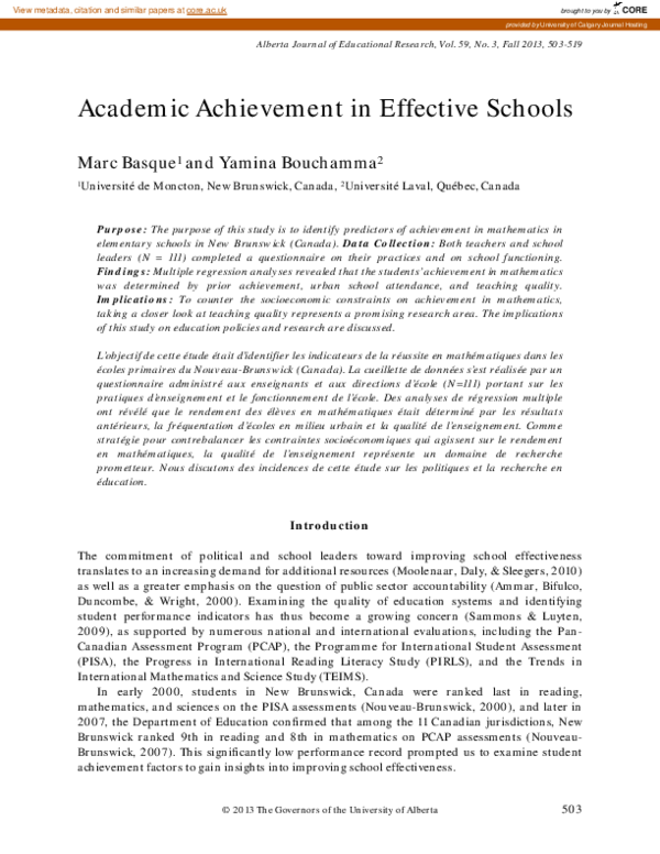(PDF) Academic Achievement in Effective Schools