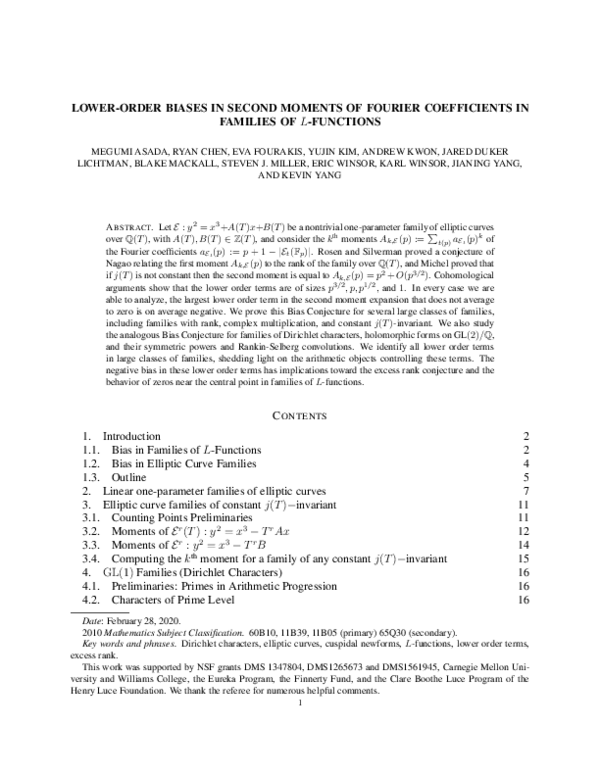 Pdf Lower Order Biases Second Moments Of Fourier Coefficients In Families Of L Functions