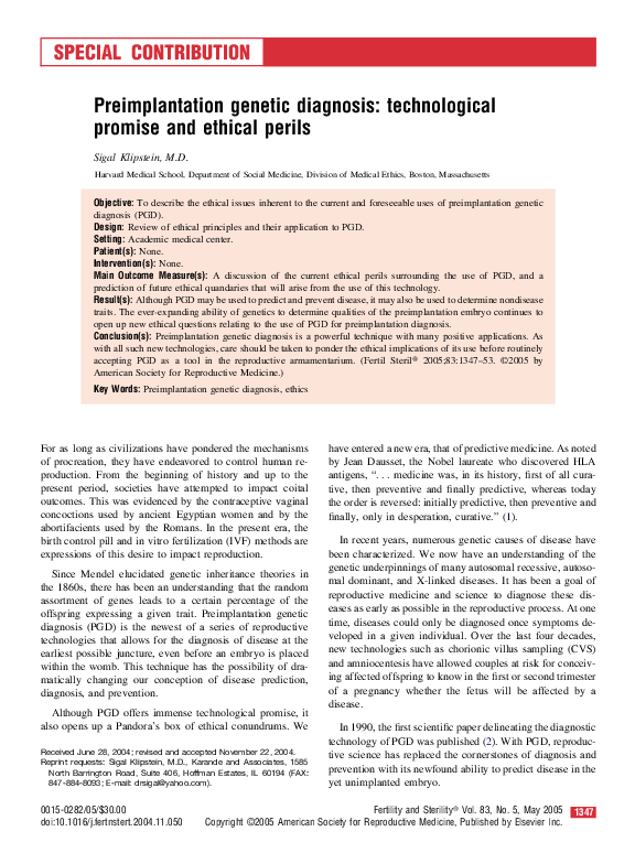 (PDF) Preimplantation genetic diagnosis: technological promise and ...