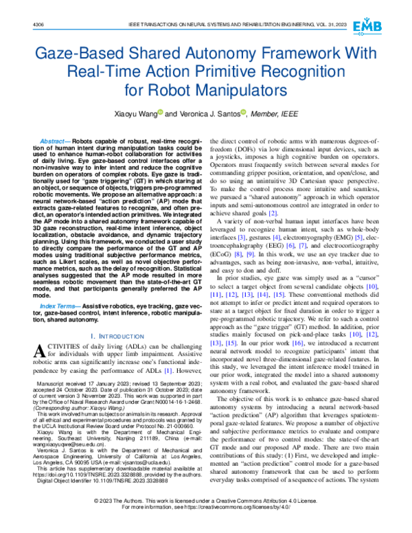 Pdf Gaze Based Shared Autonomy Framework With Real Time Action Primitive Recognition For Robot