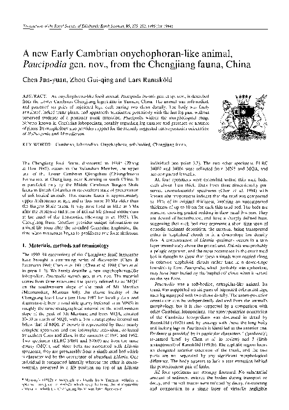 (PDF) A new Early Cambrian onychophoran-like animal, Paucipodia gen ...