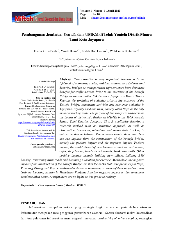 (PDF) Pembangunan Jembatan Youtefa dan UMKM di Teluk Youtefa Distrik Muara Tami Kota Jayapura ...