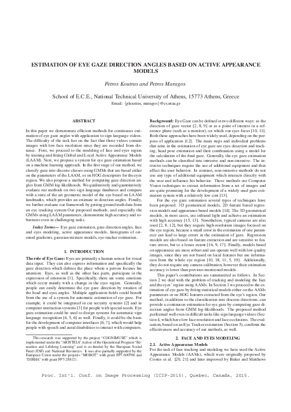 Pdf Estimation Of Eye Gaze Direction Angles Based On Active Appearance Models
