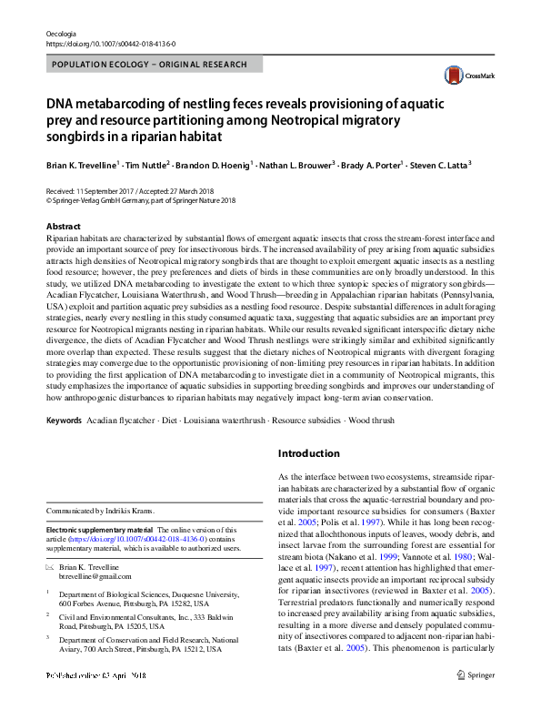 (PDF) DNA metabarcoding of nestling feces reveals provisioning of ...