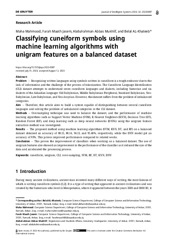 Pdf Classifying Cuneiform Symbols Using Machine Learning Algorithms With Unigram Features On A