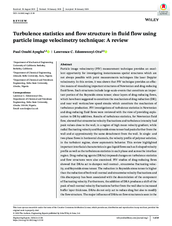 (PDF) Turbulence statistics and flow structure in fluid flow using particle image velocimetry ...