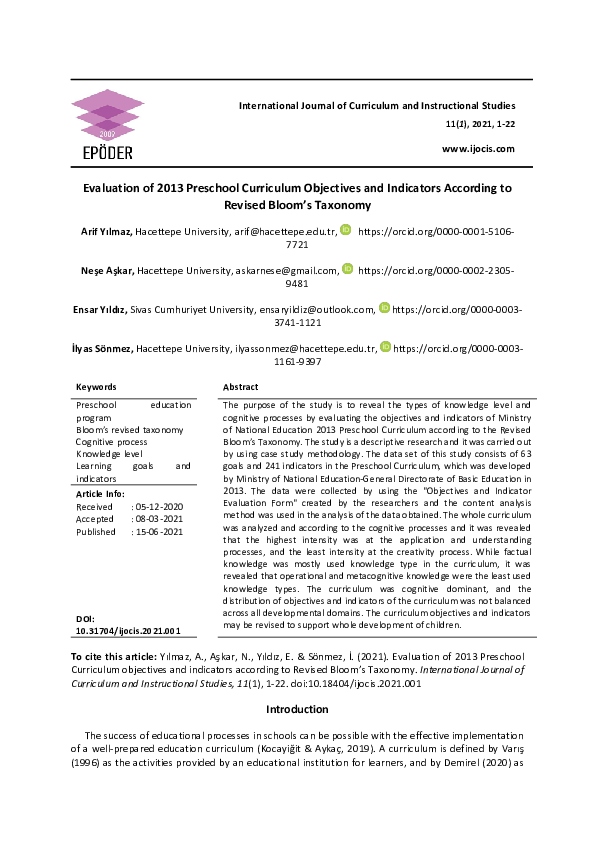 (PDF) Evaluation of 2013 Preschool Curriculum Objectives and Indicators According to Revised ...