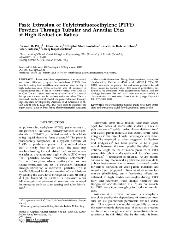 (PDF) Paste extrusion of polytetrafluoroethylene (PTFE): Surface tension and viscosity effects