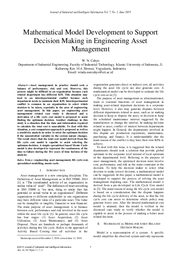 (PDF) Mathematical Model Development to Support Decision Making in Engineering Asset Management ...