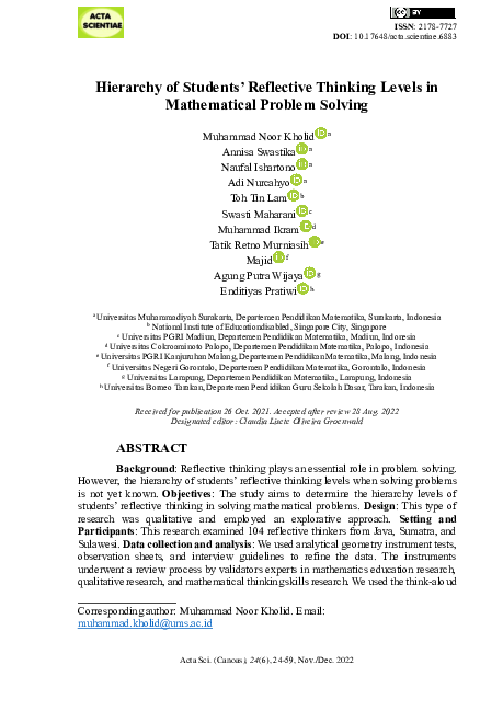 (PDF) Hierarchy of Students’ Reflective Thinking Levels in Mathematical Problem Solving