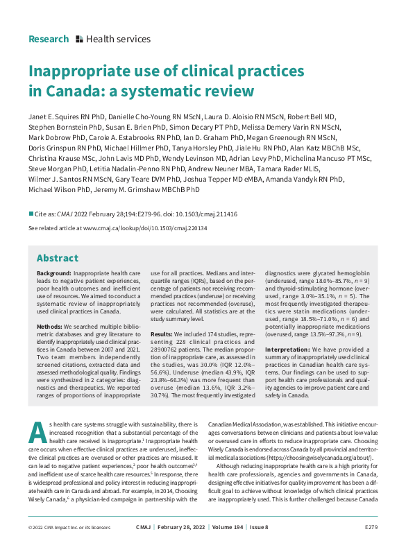 (PDF) Inappropriate use of clinical practices in Canada: a systematic ...
