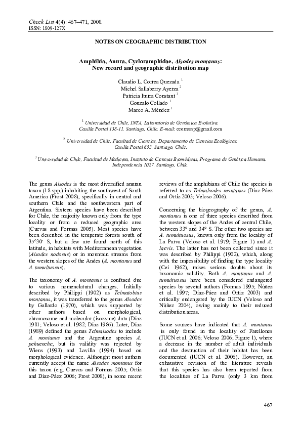 (PDF) Amphibia, Anura, Cycloramphidae, Alsodes montanus: new record and ...