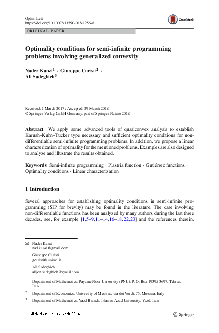 (PDF) Optimality conditions for semi-infinite programming problems involving generalized convexity