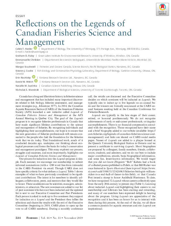 (PDF) Reflections on the Legends of Canadian Fisheries Science and ...