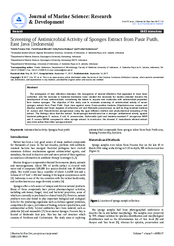 (PDF) Screening of Antimicrobial Activity of Sponges Extract from Pasir ...