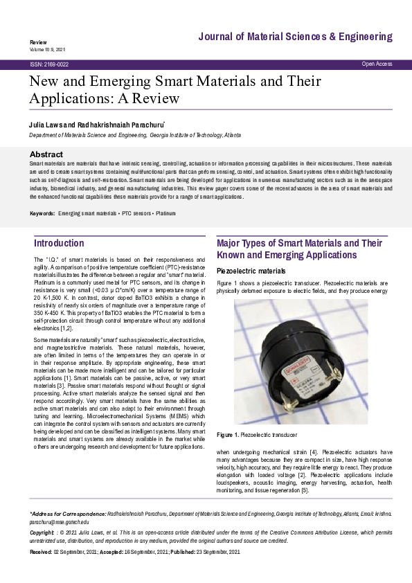 (PDF) New and Emerging Smart Materials and Their Applications: A Review