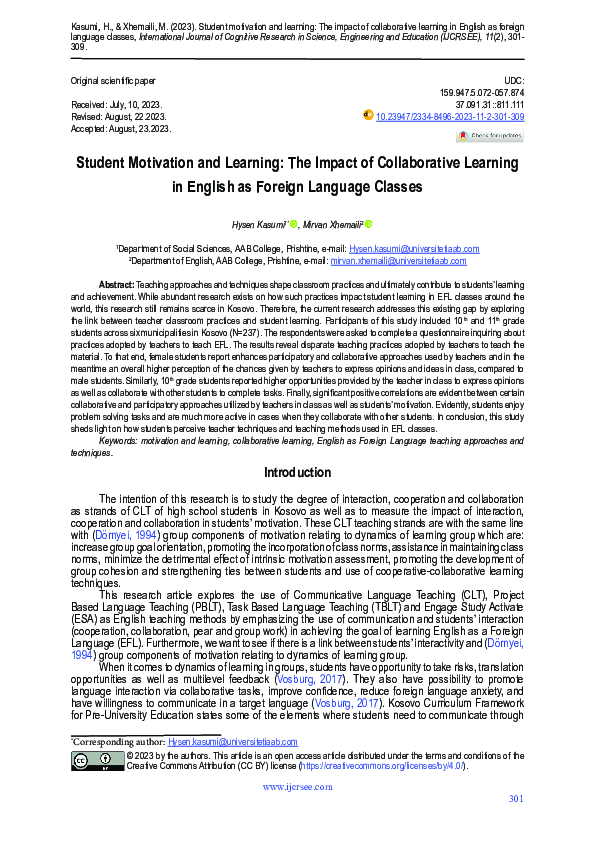 (PDF) Student Motivation and Learning: The Impact of Collaborative ...