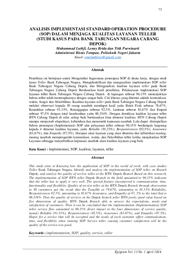 (PDF) Analisis Implementasi Standard Operation Procedure (Sop) Dalam Menjaga Kualitas Layanan ...
