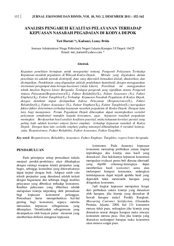 (PDF) Analisis Pengaruh Kualitas Pelayanan Terhadap Kepuasan Nasabah Pegadaian DI Kodya Depok