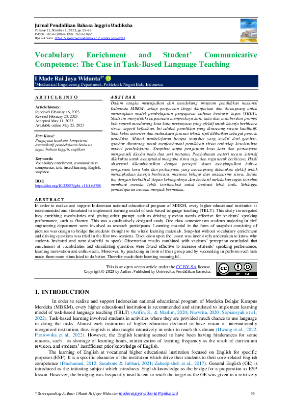 (PDF) Vocabulary Enrichment and Student’ Communicative Competence: The Case in Task-Based ...