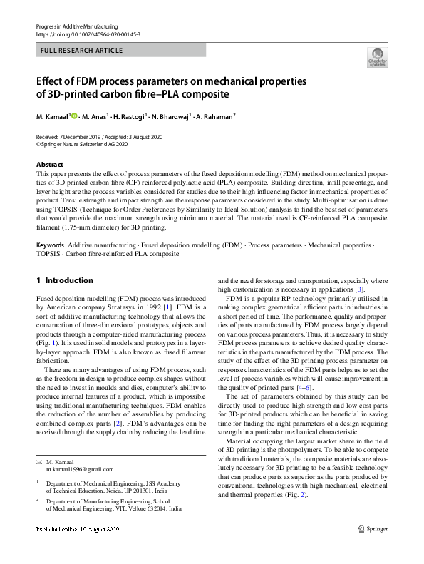 (PDF) Effect of FDM process parameters on mechanical properties of 3D-printed carbon fibre–PLA ...