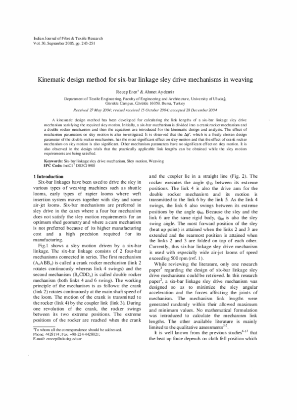 (PDF) An Approach to Kinematic Design of Four-bar Sley Drive Mechanisms in Weaving