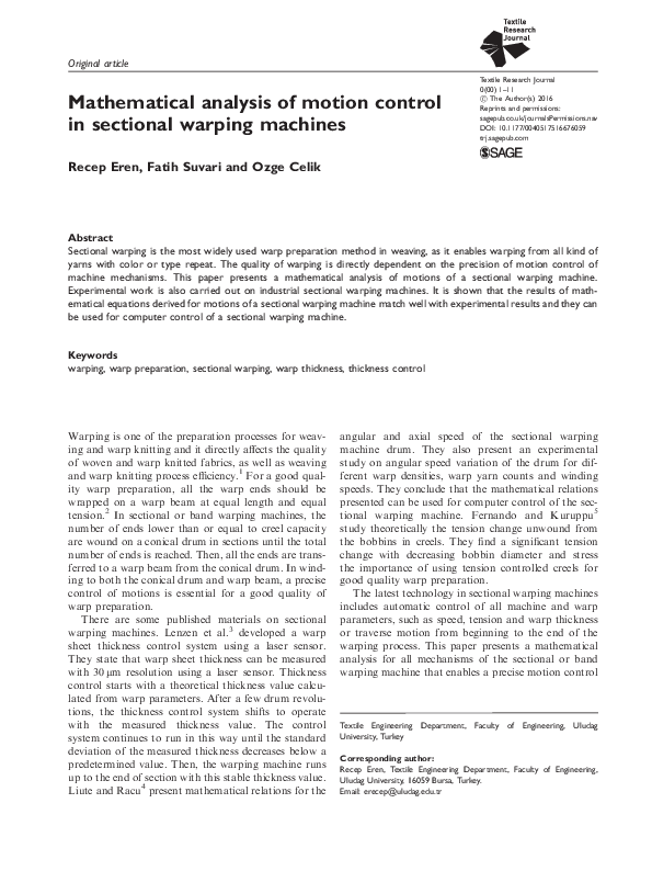 (PDF) Mathematical analysis of motion control in sectional warping machines