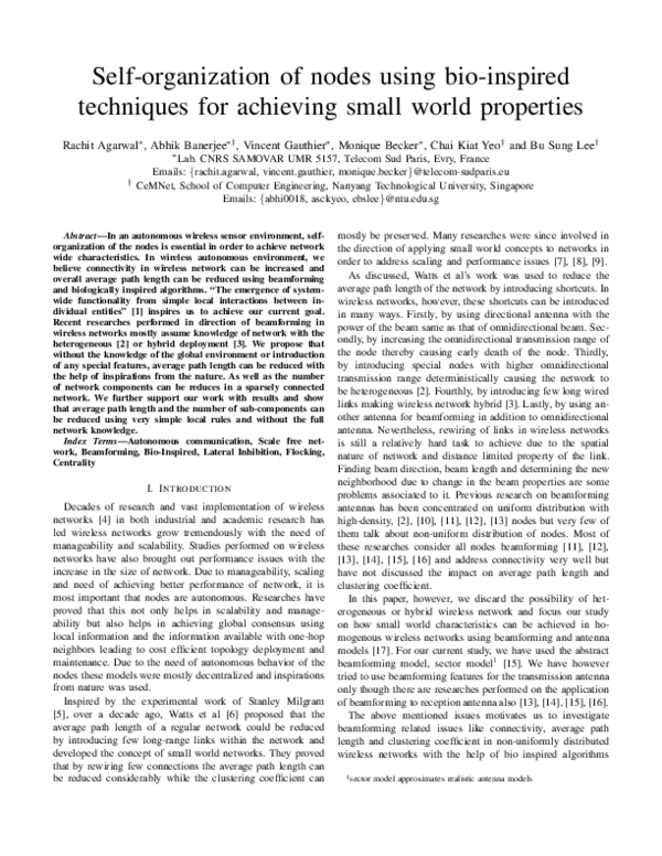 Self-organization of nodes using bio-inspired techniques for achieving small world properties