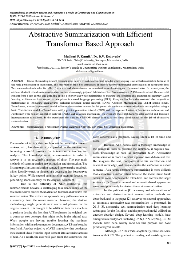(PDF) Abstractive Summarization with Efficient Transformer Based Approach | Dr. Dattatraya ...
