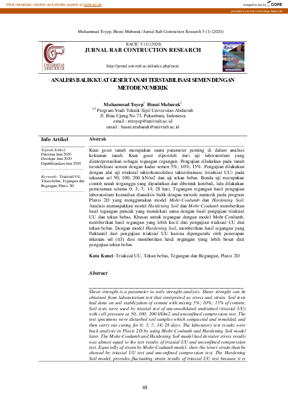 (PDF) Analisis Balik Kuat Geser Tanah Terstabilisasi Semen Dengan Metode Numerik