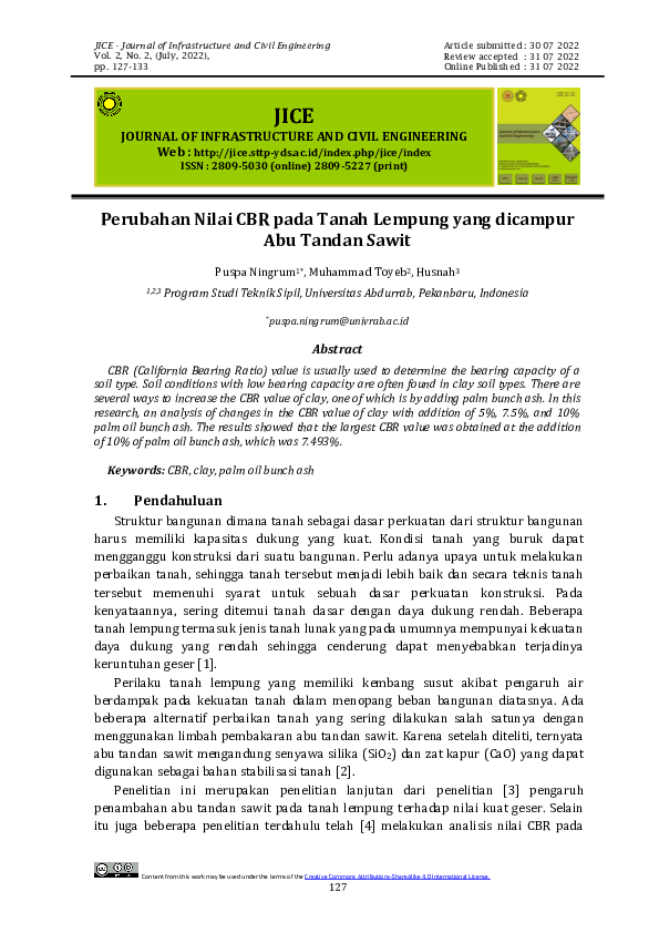 (PDF) Perubahan Nilai CBR Pada Tanah Lempung Yang Dicampur Abu Tandan Sawit