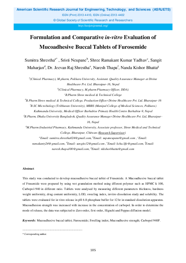Pdf Formulation And Comparative In Vitro Evaluation Of Mucoadhesive Buccal Tablets Of Furosemide