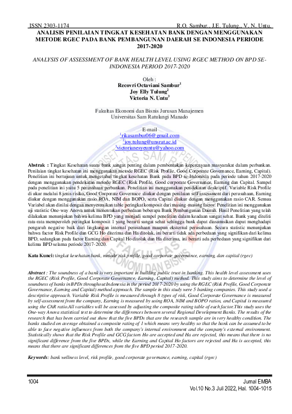 (PDF) Analisis Penilaian Tingkat Kesehatan Bank Dengan Menggunakan Metode Rgec Pada Bank ...
