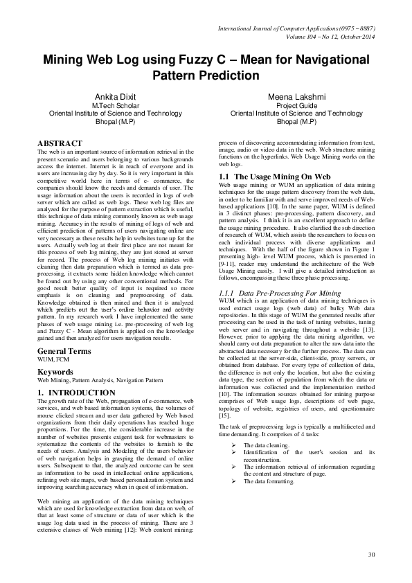 Pdf Mining Web Log Using Fuzzy C Mean For Navigational Pattern Prediction