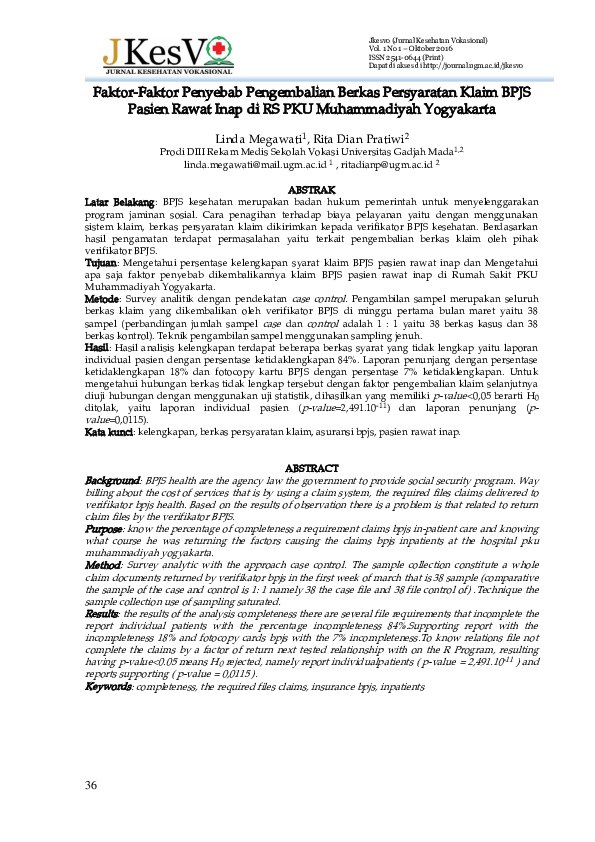 (PDF) Faktor-Faktor Penyebab Pengembalian Berkas Persyaratan Klaim BPJS Pasien Rawat Inap di RS ...