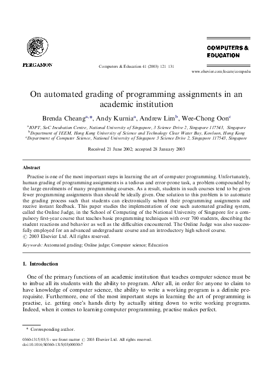 Pdf On Automated Grading Of Programming Assignments In An Academic