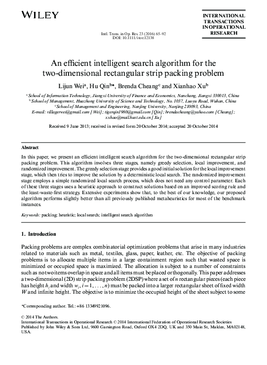 Pdf An Efficient Intelligent Search Algorithm For The Two‐dimensional Rectangular Strip