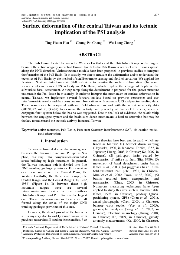 Pdf Surface Deformation Of The Central Taiwan And Its Tectonic Implication Of The Psi Analysis