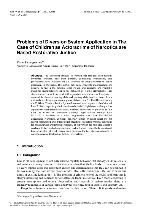(PDF) Problems of Diversion System Application in The Case of Children as Actorscrime of ...