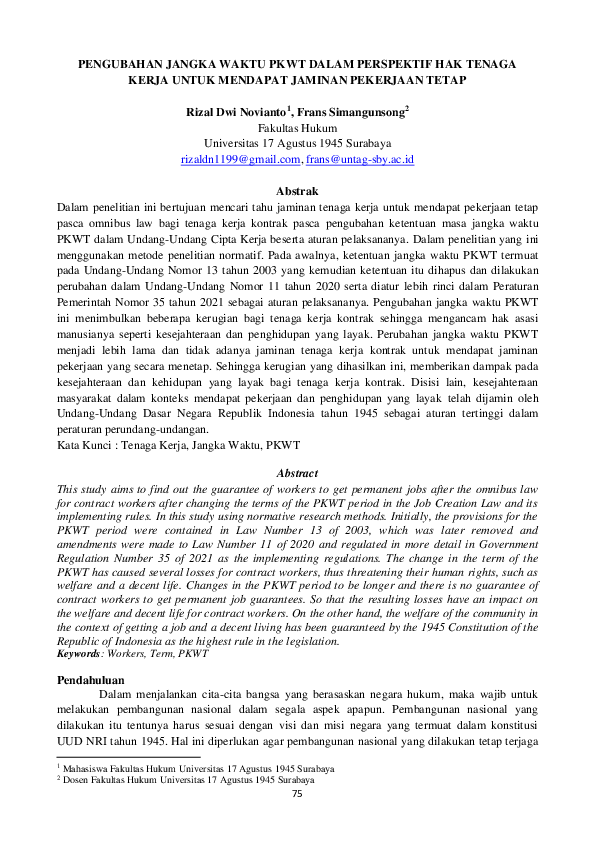 (PDF) Pengubahan Jangka Waktu PKWT dalam Perspektif Hak Tenaga Kerja untuk Mendapat Jaminan ...
