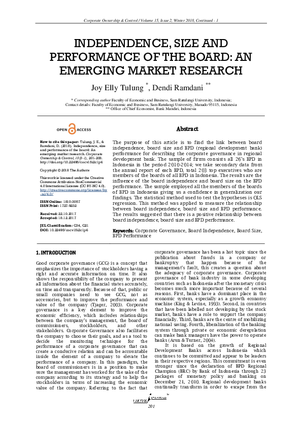 (PDF) Independence, size and performance of the board: An emerging ...