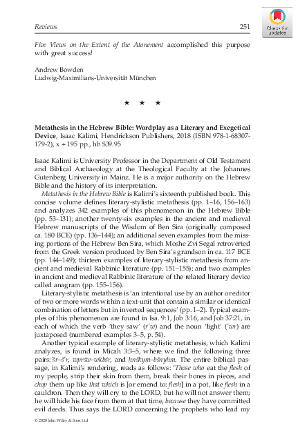 (PDF) Metathesis in the Hebrew Bible: Wordplay as a Literary and ...