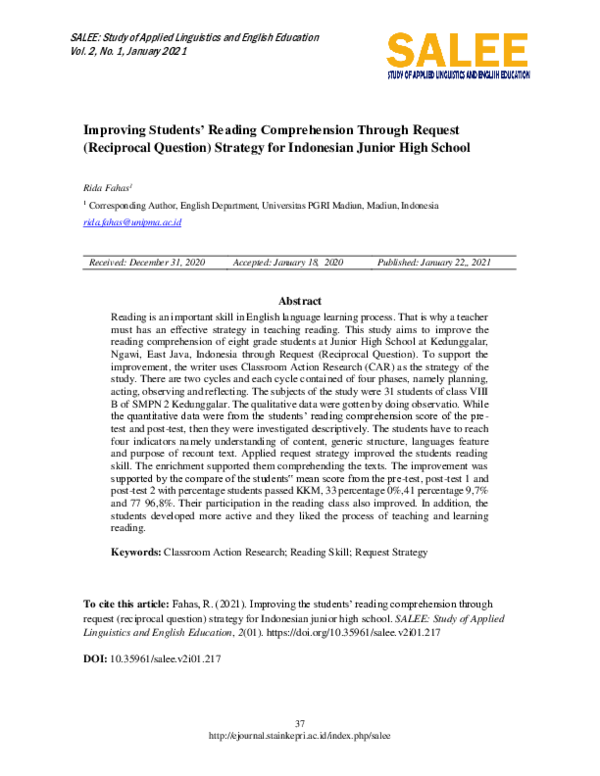 (PDF) Improving the Students’ Reading Comprehension Through Request (Reciprocal Question ...