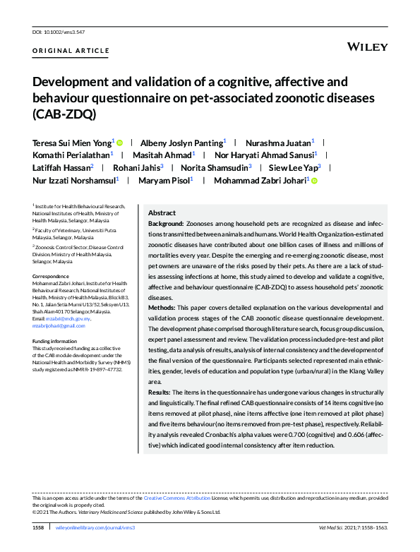 (PDF) Development and validation of a cognitive, affective and behaviour questionnaire on pet ...