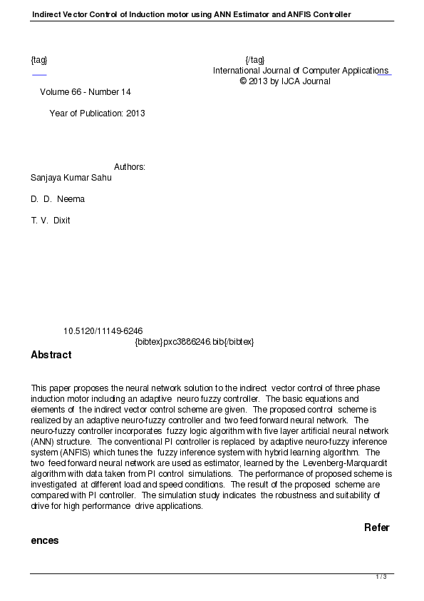 Pdf Indirect Vector Control Of Induction Motor Using Ann Estimator And Anfis Controller