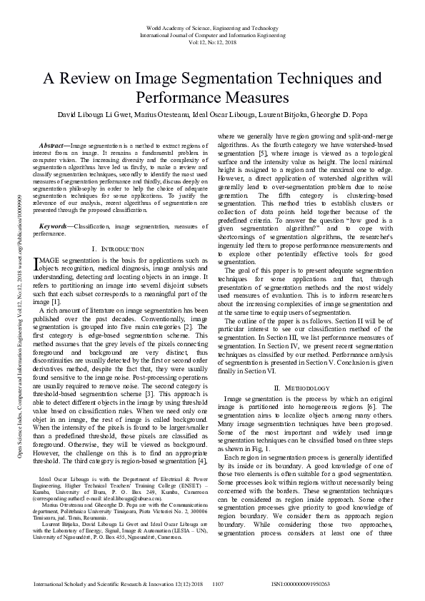 (PDF) A Review on Image Segmentation Techniques and Performance Measures
