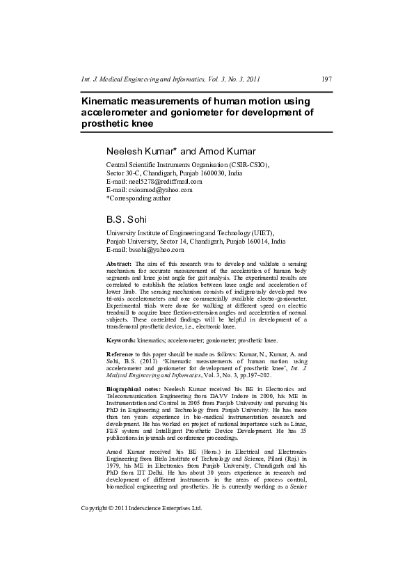 Kinematic Measurements Of Human Motion Using Accelerometer And Goniometer For Development Of