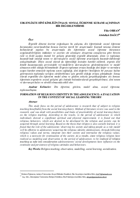 (PDF) Ergenlikte Dini Kimliğin İnşası: Sosyal Öğrenme Kuramı Açısından ...