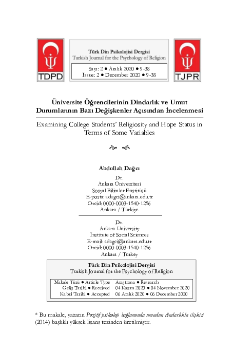 (PDF) Üniversite Öğrencilerinin Dindarlık ve Umut Durumlarının Bazı ...